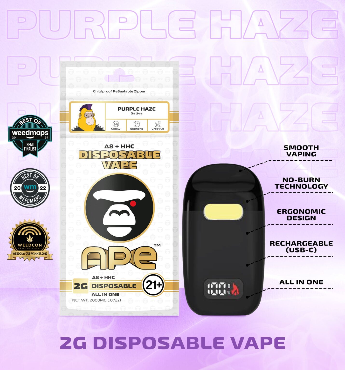 Purple Haze THCa Disposable 2g APE - BLUNTDEPOT